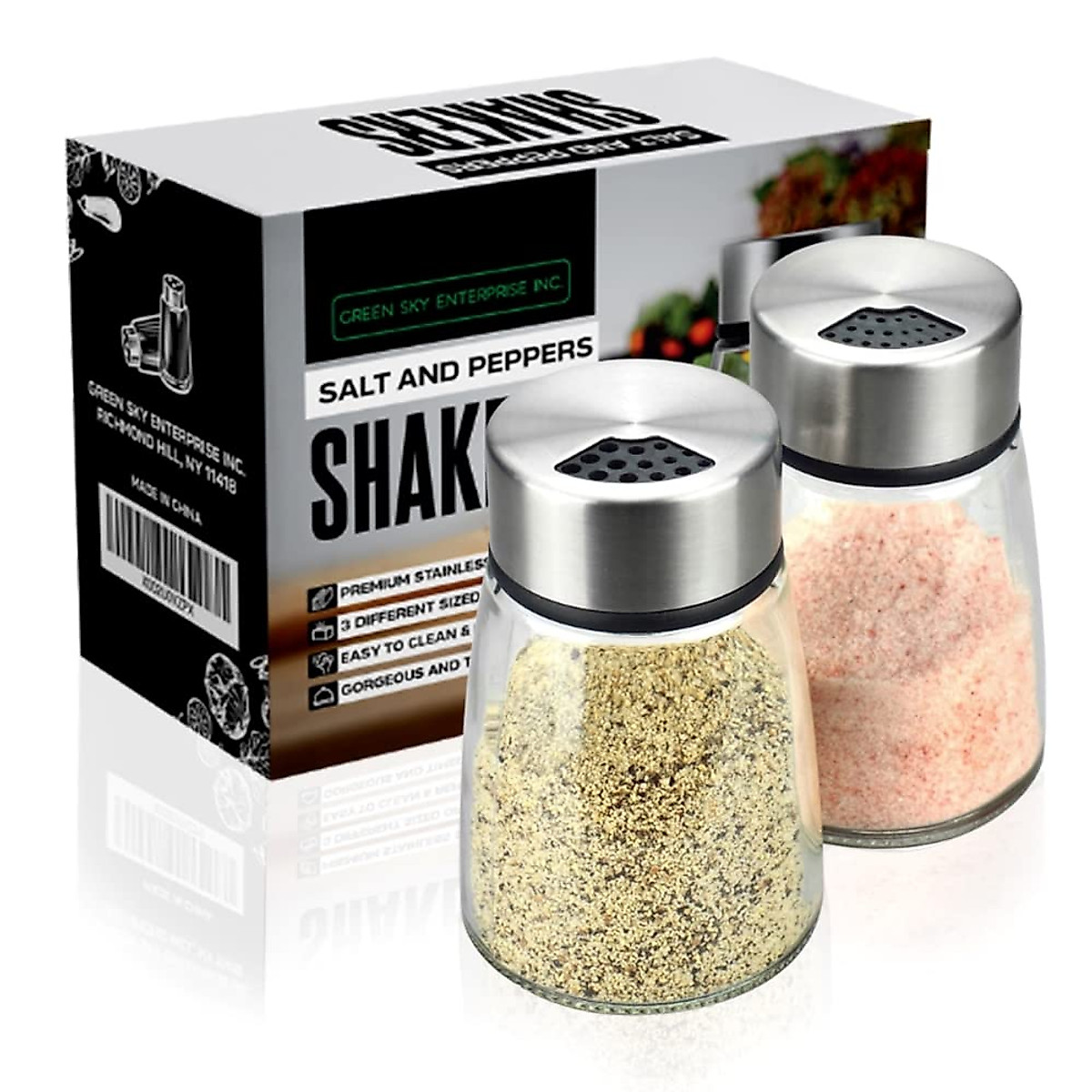 Elegant Salt and Pepper Shakers with Adjustable Pour Holes - Set of 2 - Premium Stainless Steel and Glass - Perfect Spice Dispenser Set for Your Delicious Meals
