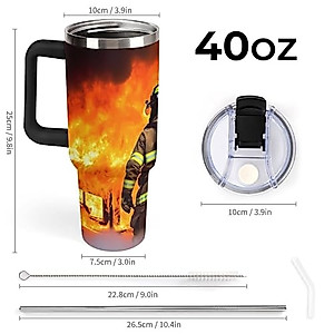 NVBSKKDH Firefighter Fireman Flame 40 Oz Stainless Steel Tumbler with Handle & Straw Double-Walled Vacuum Insulated Travel Mug for Hot/Cold Drinks, Reusable Thermal Cup for Car Cup Holder