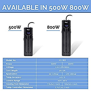 hygger 60-120 Gallon Aquarium Heater with Digital Temp Controller Shatterproof Titanium Tube 500W Submersible Fish Tank Heater for Freshwater