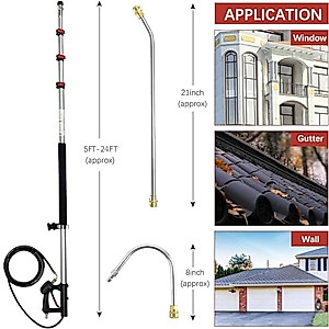 Buyplus Telescoping Pressure Washer Wand, 24 Feet Telescopic Lance with 2 Extension Wands, 1 adapters, 5 Spray Nozzle Tips and Support Belt, 4200 PSI Max Pressure
