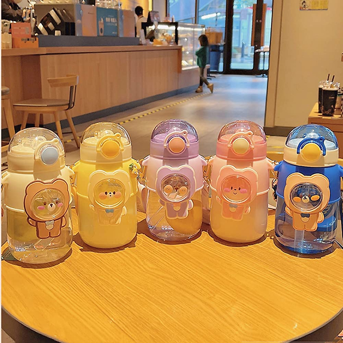 LIXERY Kawaii Bear Water Bottle with Straw and Strap Cute Water Bottle Bear Drinking Bottle Leakproof Plastic Water Jug for Girl School Sport 25oz, Yellow, 3.15x3.15x7.3 Inch (1300C48EFM6)