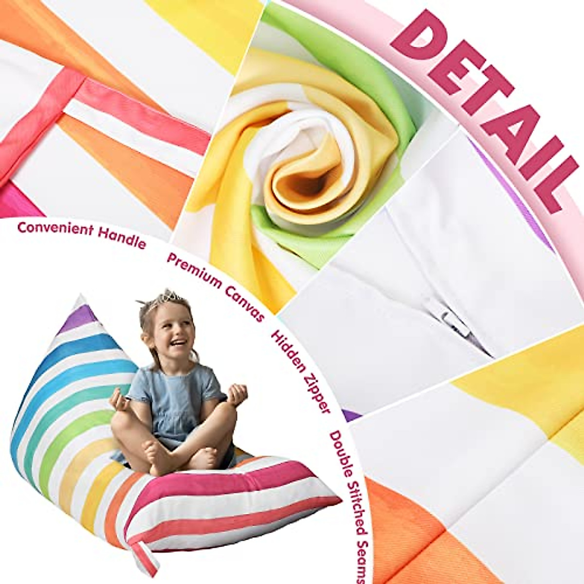 Stuffed Animal Storage Bean Bag Chair Cover Organizer Extra Large Beanbag Stuffed Animal Holder Canvas Stuff Animal Storage Sleeping Storage Bean Bag Chair Without Filling for Kids (Rainbow Style)