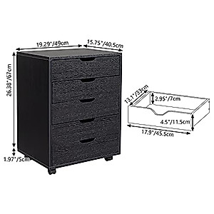 Knocbel Mobile Storage Cabinet with 5 Drawers, Home Office Rolling File Cabinet on Wheels, 19.2" L x 15.9" W x 26.3" H (Black)