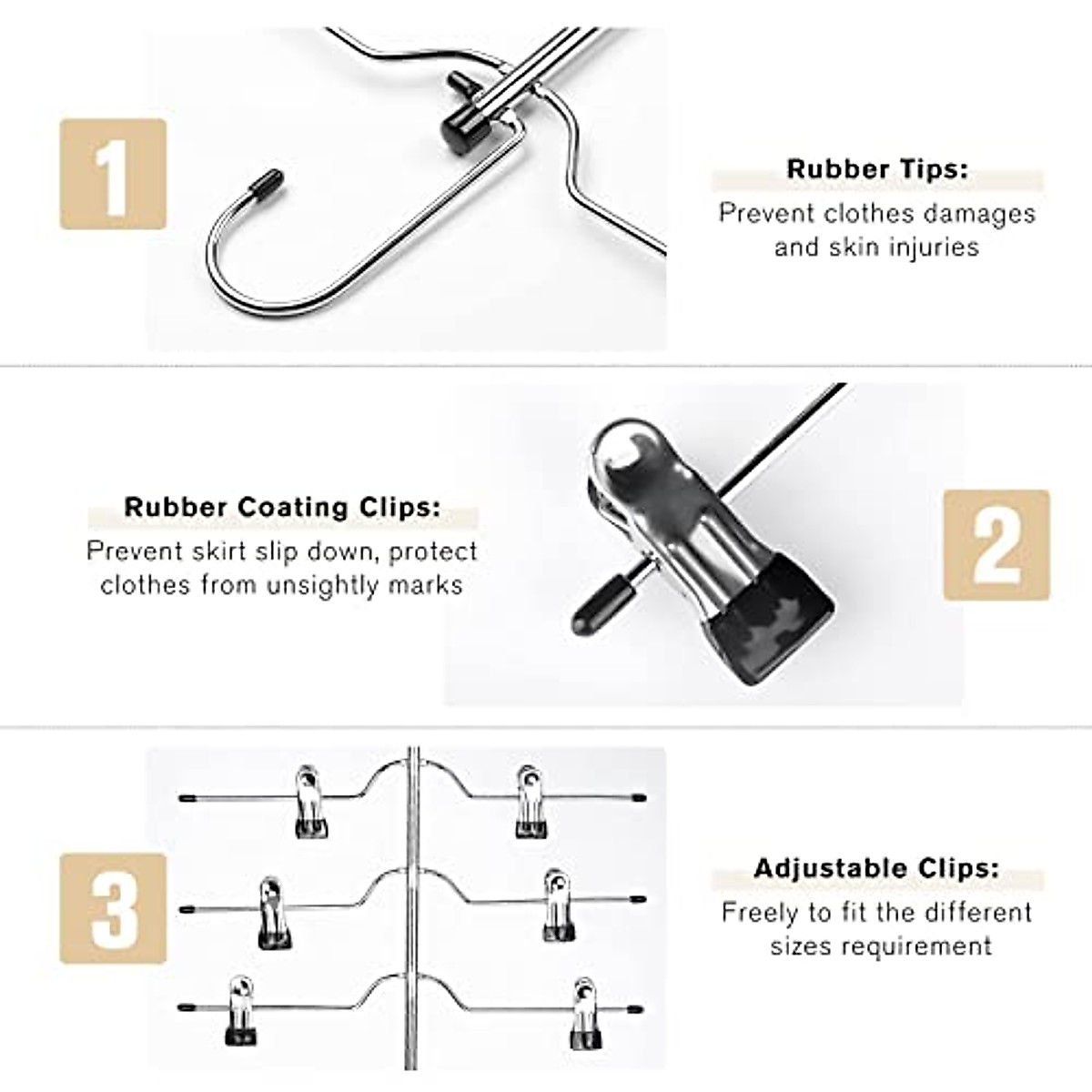 CINKSY Space Saving Pants Skirt Hanger 5 in 1 Pants Jeans Hangers with Non-Slip Foam Padded Metal Skirt Hanger with Adjustable Clips