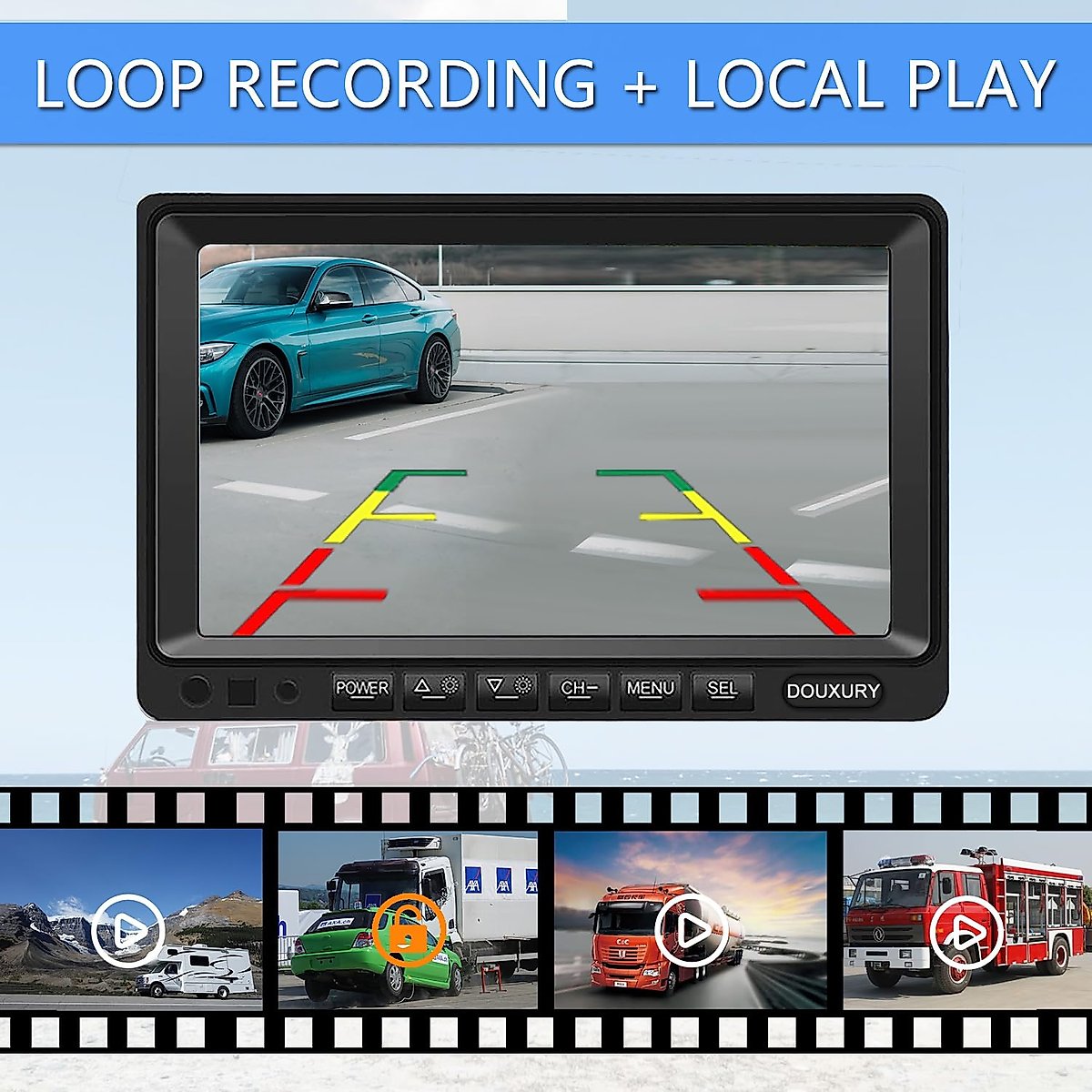 RV Backup Camera System with 7'' Quad Split 1080P Monitor for Truck Trailer Semi Camper Bus & 4 AHD Rear Side View Camera with DVR Record Function IP69 Waterproof Night Vision Avoid Blind Spot DOUXURY