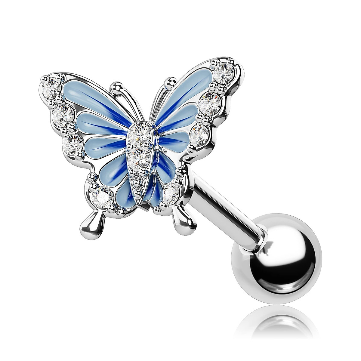 OUFER 16G Helix Earrings, 316L Stainless Steel Tragus Earring Studs, Blue Butterfly Elements Paved Shiny Clear CZ Cartilage Earrings, Flower Helix Piercing Jewelry
