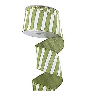 DINDOSAL Sage Green Wired Ribbon 2.5" Horizontal White Stripe Wired Edge Burlap Ribbon Farmhouse Wire Ribbon for Wreaths Crafts Supplies Gift Wrapping Bows Making Spring Decorations - 10 Yards