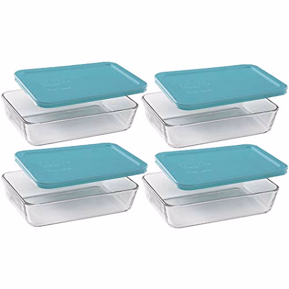 Pyrex Basics Clear Glass Food Storage Dishes, 4 (3-Cup) Oblong Dishes with Turquoise Plastic Lids Made in the USA
