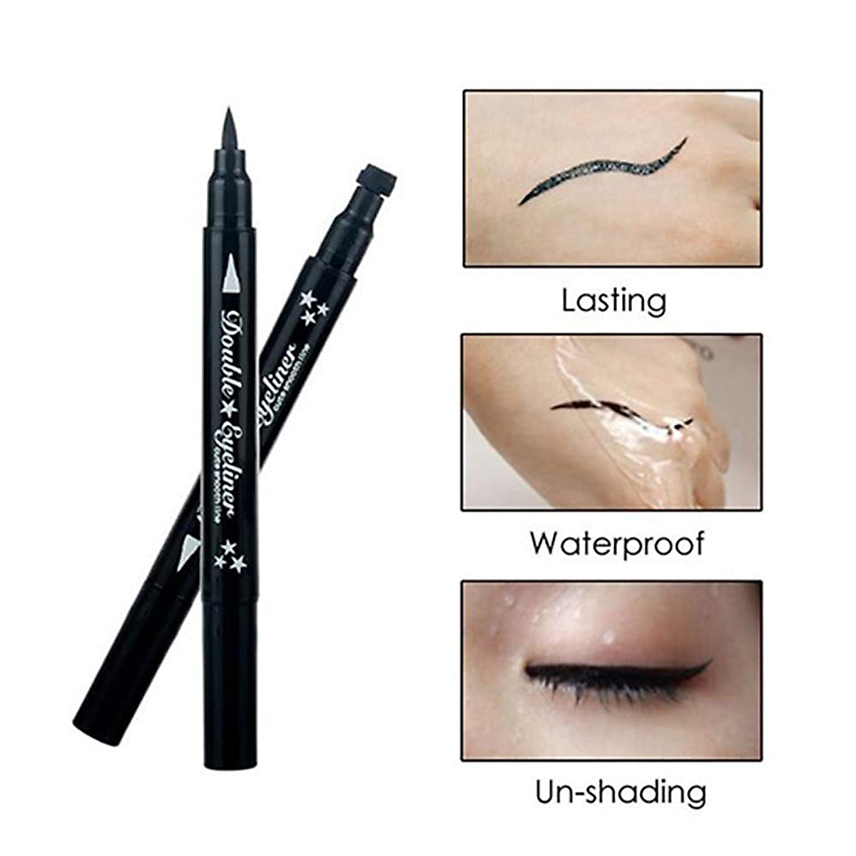 Pinkiou 2 in 1 Double-headed Liquid Eyeliner Pen Stamp Super Slim Gel Felt Tip High Pigment Black Waterproof Smudgeproof Long Lasting Tattoo Makeup Tool(Star)