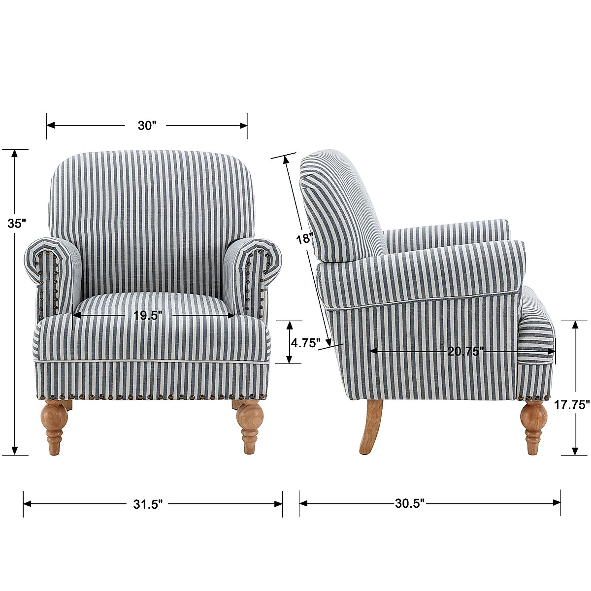 DM Furniture Mid Century Modern Accent Chair Linen Fabric Armchair Wide Reading Chairs Upholstered Lounge Chair for Bedroom/Living Room/Reception Room, Blue Stripe