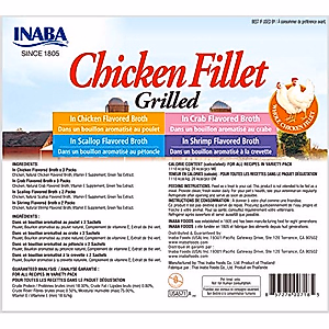 INABA Natural, Premium Hand-Cut Grilled Chicken Fillet Cat Treats/Topper/Complement with Vitamin E and Green Tea Extract, 0.9 Ounces Each, Pack of 10, Variety Pack
