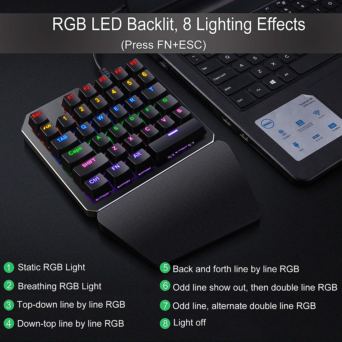 Kinoth One Handed Mechanical Gaming Keyboard with Blue Switches, RGB LED Backlit, 35 Keys, Quick Responsive Gaming Keypad with Wrist Rest, USB Wired Half Keyboard for LOL/PUBG for Mac/Window/PC Gamer