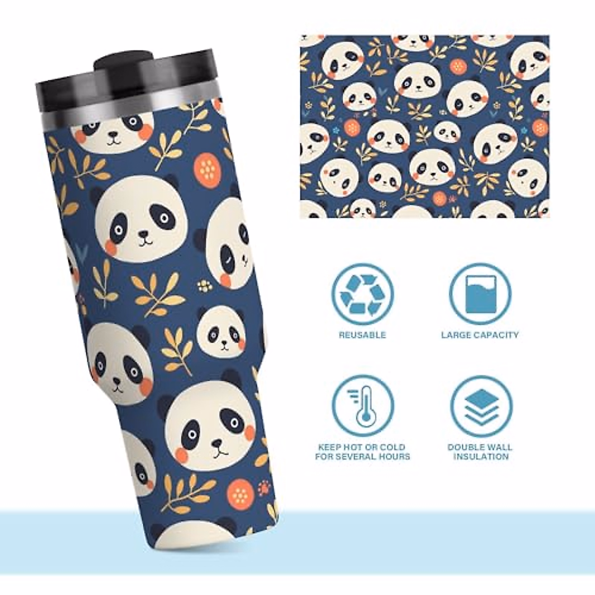 linqin Retro Panda Face Blue Vacuum Insulated Tumbler with Straw Lid 30 oz Gym Water Bottle Reusable Portable Coffee Mug for Home, Office or Car