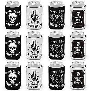 CiyvoLyeen Gothic 30th Birthday Can Sleeve Death to My 20s Party Decorations Skull Design Cooler RIP Cheer Funny Supplies Happy Halloween Men Husband Father Gifts Beer Soda Black White 12 Packs