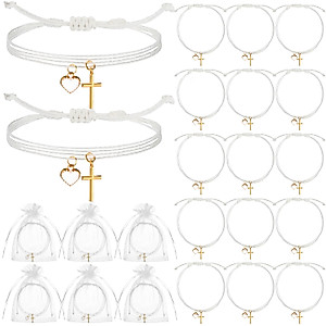 Ferreve 30 Sets Baptism Party Favors Cross Heart Bracelet Bulk with Organza Bag Christian Adjustable Religious Braided Rope for Church Wedding Baby Shower First Communion Sunday School Gifts(Gold)