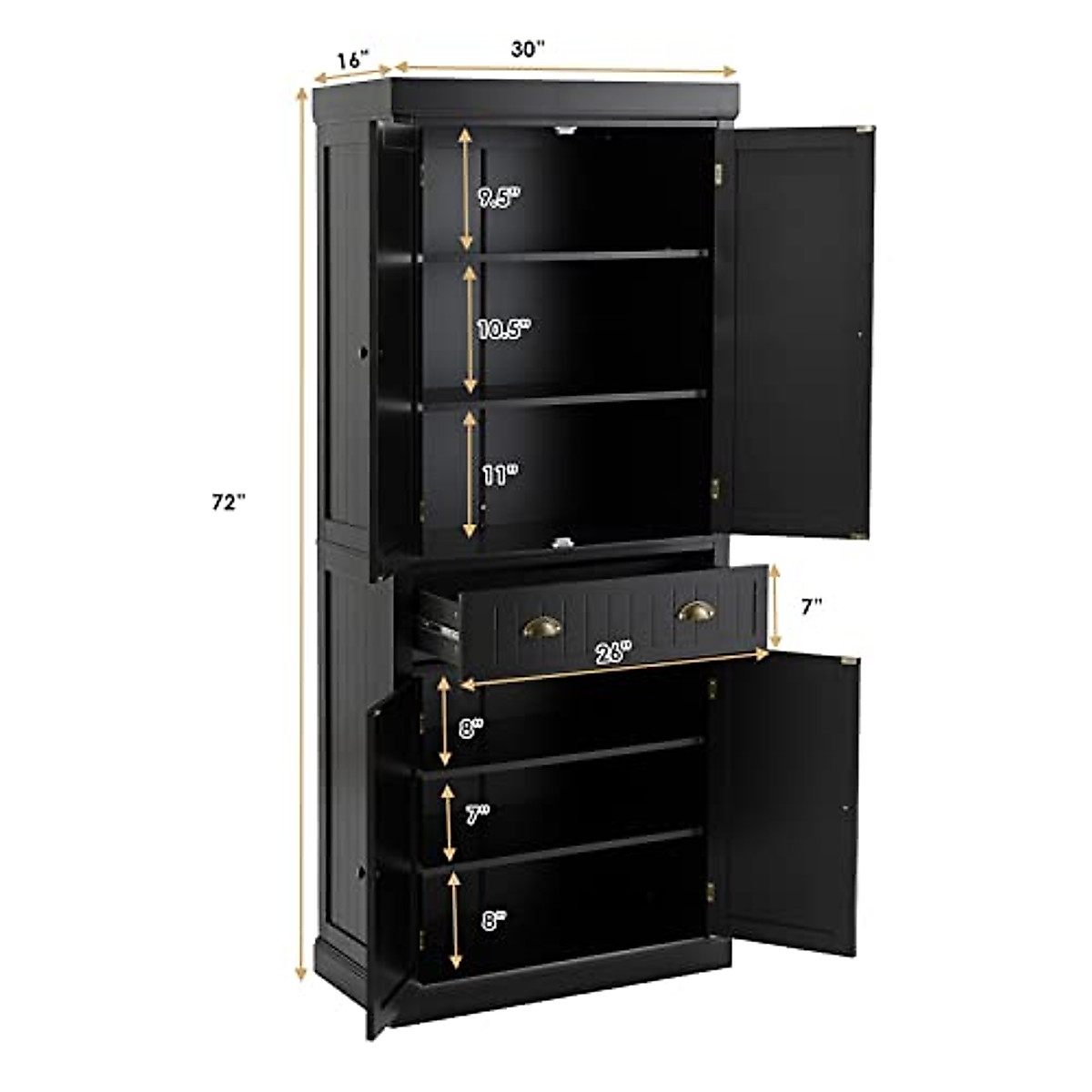 Tangkula 72" H Kitchen Pantry Cupboard Cabinet, Traditional Freestanding Large Tall Storage Cabinet with 2 Cabinets and Drawer, Adjustable Shelves Design, for Living Room Kitchen, 30 x 16 x 72 Inch