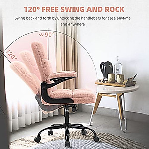 SEATZONE Pink Home Office Desk Chairs with Flip-up Armrest, Faux Fur, Fuzzy Computer Rolling Chair with Wheels, Adjustable Backward Tilt