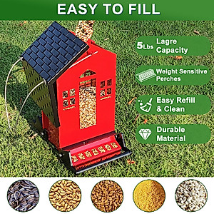 Squirrel Proof Bird Feeder, Red Metal Bird Seed Feeder for Outdoors Hanging Chew-Proof, 5lbs Large Seed Capacity for Cardinal, Finch, Sparrow, Blue Jay, Swallow, Parrot
