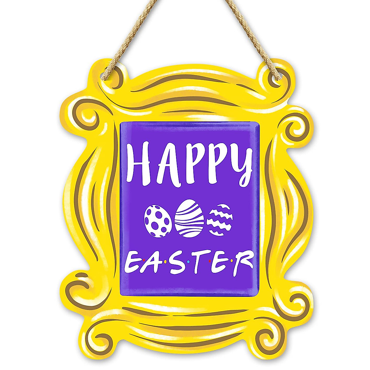 Happy Easter and Eggs Sign Welcome Large Hanging Sign Door Decor with Rope for Easter Party Garden, Yard Spring Home Decorations