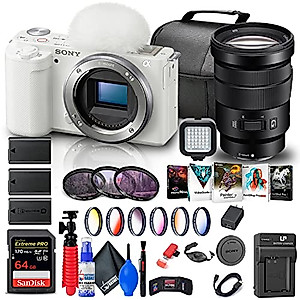 Sony ZV-E10 Mirrorless Camera (Body Only, White) (ILCZV-E10/W) + Sony 18-105mm Lens + 64GB Card + Color Filter Kit + Filter Kit + Corel Photo Software + Bag + 2 x NPF-W50 Battery + More (Renewed)