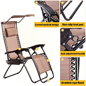 BMS Lounge Chairs with Canopy Cup Holder for Patio Balcony Poolside, Brown