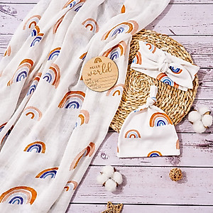 BabyWhale Muslin Swaddle Blanket with Hat and Headband Bow, Rainbow Pattern Swaddle Set for Baby Boys ＆ Girls, Newborn Soft Breathable Unisex Receiving Blanket Wrap, 47x47 inches