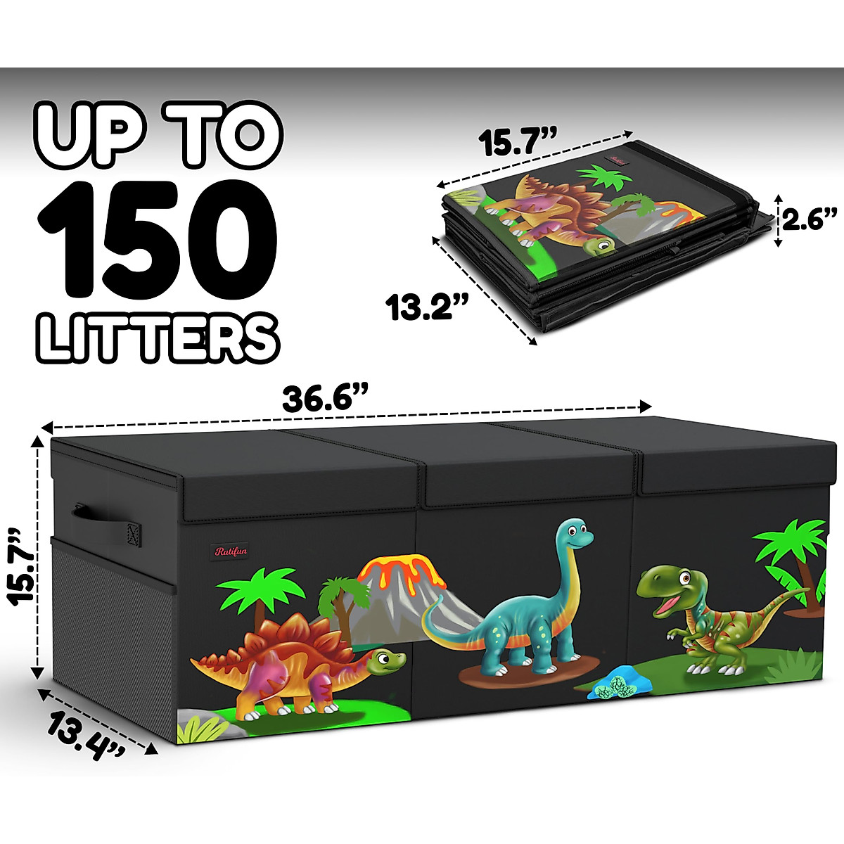 RUTIFUN Extra Large Toy Basket, Collapsible Toy Storage Organizer, Large Toy Chest Basket with Lid, Dinosaur Toy Storage Bin for Boys Girls, Toy Bins for Kids, Toy Box for Toddlers Living Room, Black