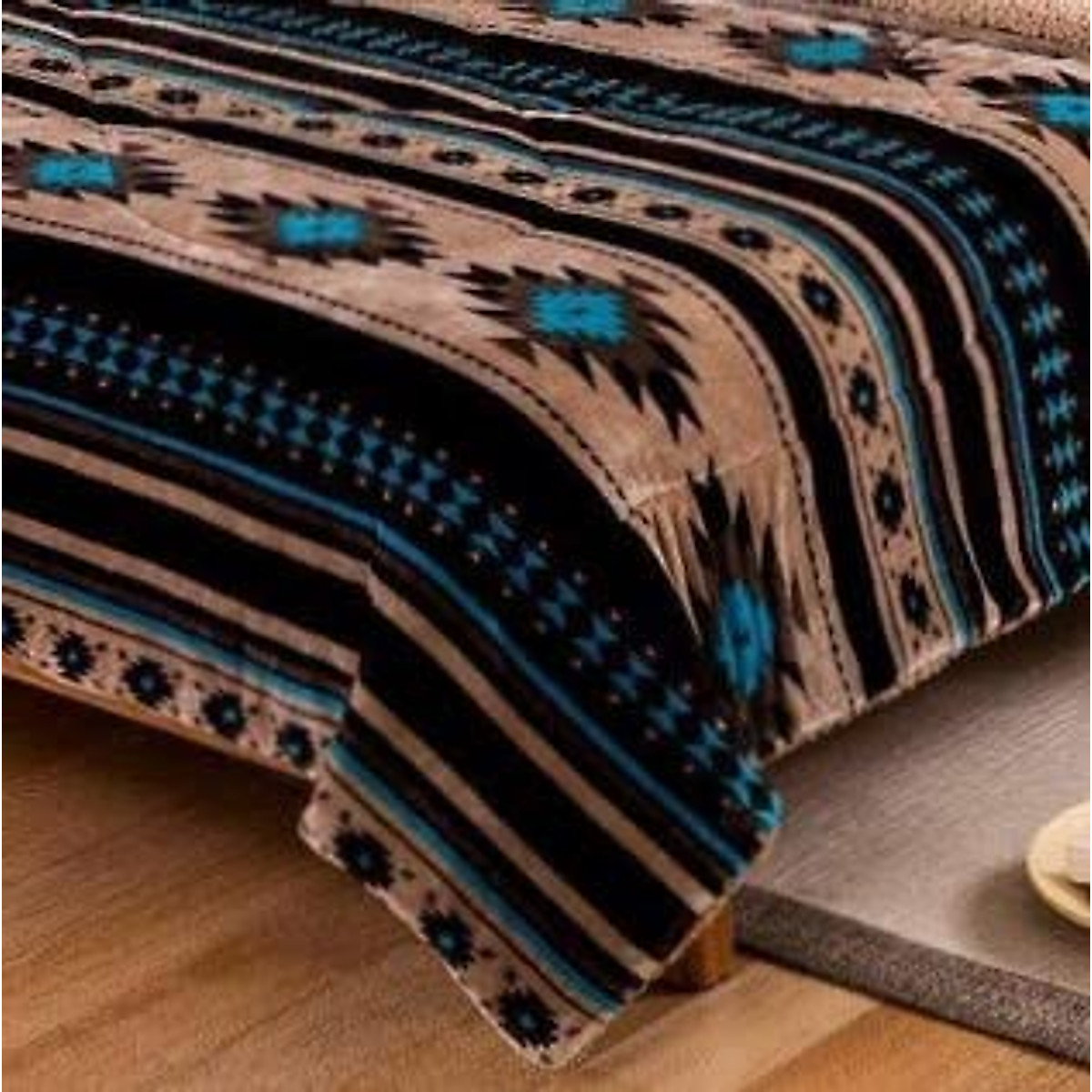 Linen Mart Southwest Aztec Sherpa Borrego Fleece Blanket - 3 Piece Set (Tan) (Queen)