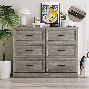 Fameill Dresser for Bedroom, 6 Drawer Wide Dresser Organizer with Charging Station, Tall Dresser for Hallway, Wood Dresser with Metal Handles, Ash Grey