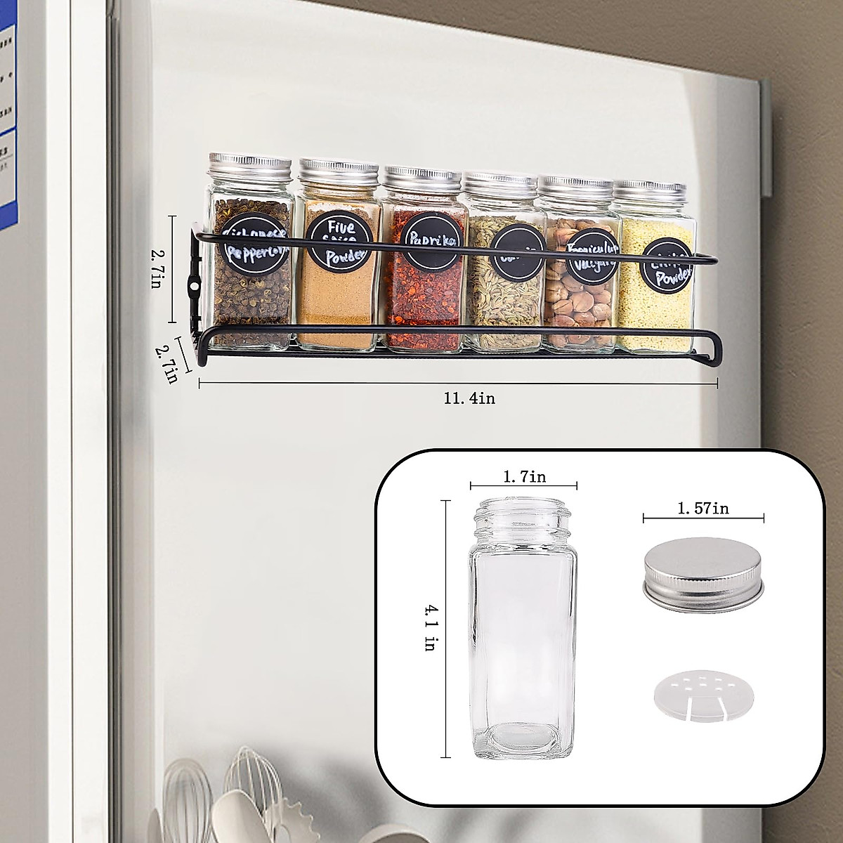 PNHYTUGY Spice Rack Wall Mount, 4 Pack Hanging Spice Rack with 24 Spice Jars, 180 Spice Labels, Whiteboard Marker & Funnel, Screw or Adhesive Spice Rack Organizer for Cabinet.Wall.Metal