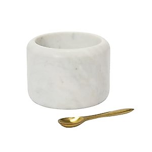 Creative Co-Op Marble Pinch Pot with Brass Spoon, Set of 2 Serveware, 4"L x 4"W x 3"H, White