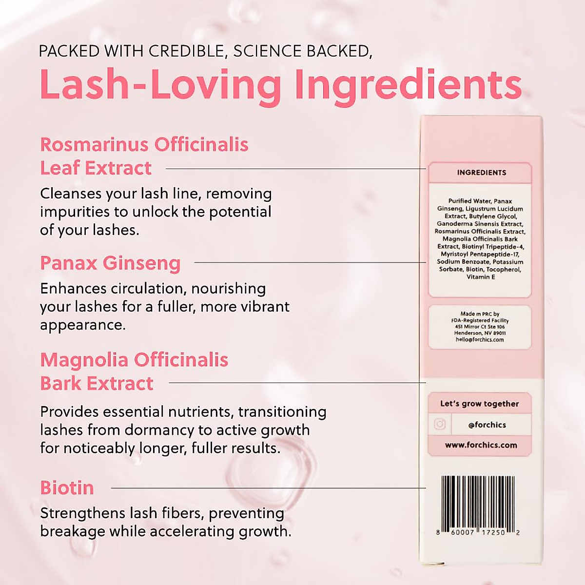 ForChics ForLash Eyelash Growth Serum - Enhancement Lash Booster For Fuller, Thicker, and Longer Eyelashes - Organic Lash Enhancer & Essential Thickener | Vegan & Cruelty-Free - [0.10 fl. oz / 3ml]