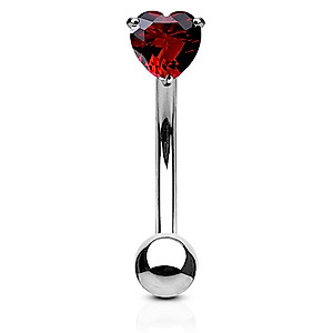 Forbidden Body Jewelry 16g 8mm Surgical Steel 3mm Red CZ Heart Top Barbell for Daith, Eyebrow and Rook Piercing