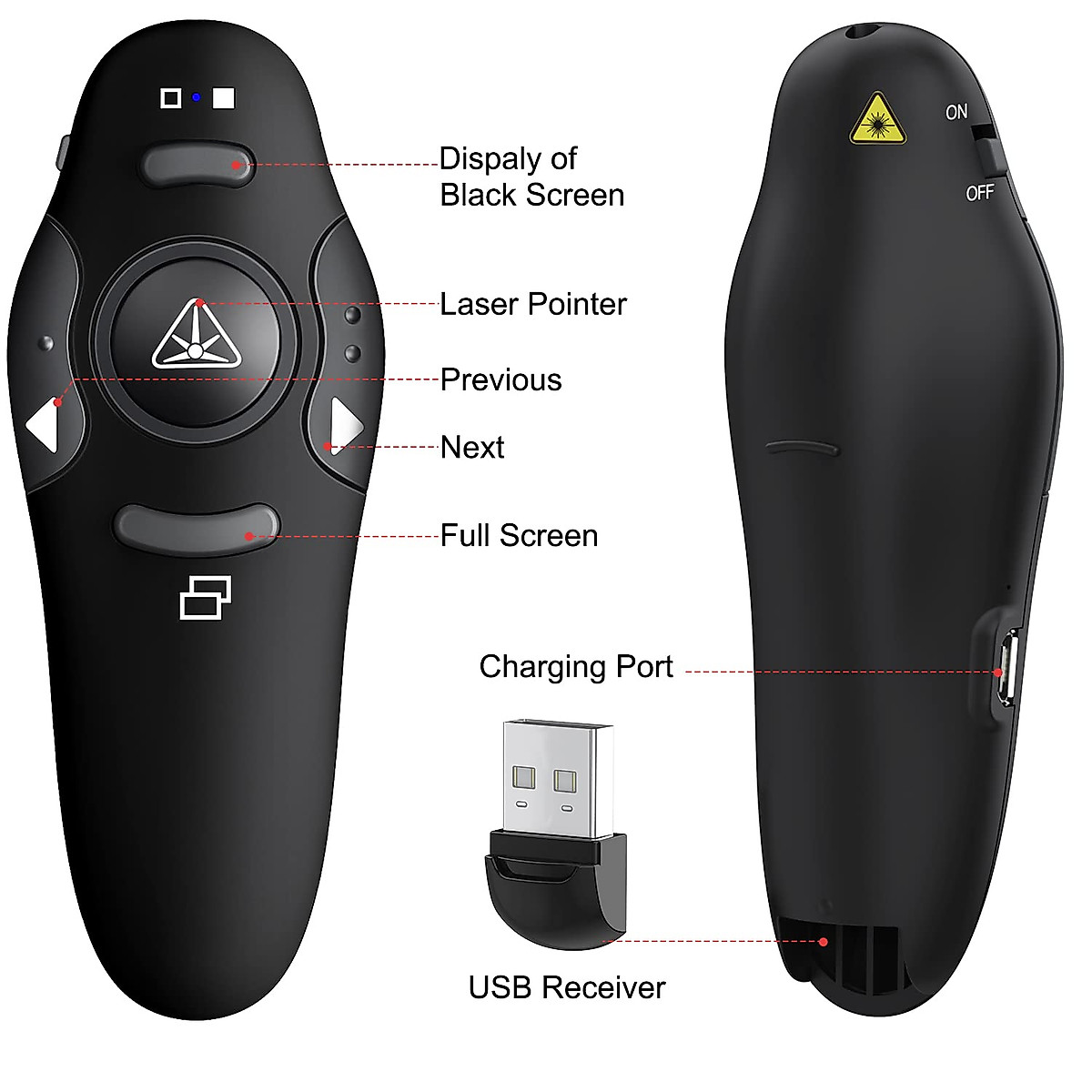 Rechargeable Presentation Clicker with Red Laser Pointer, Wireless Presenter Remote for PPT Clicker, 2.4GHz Presentation Remote Slide Advancer Powerpoint Clicker for Mac/Computer/Laptop/Keynote…