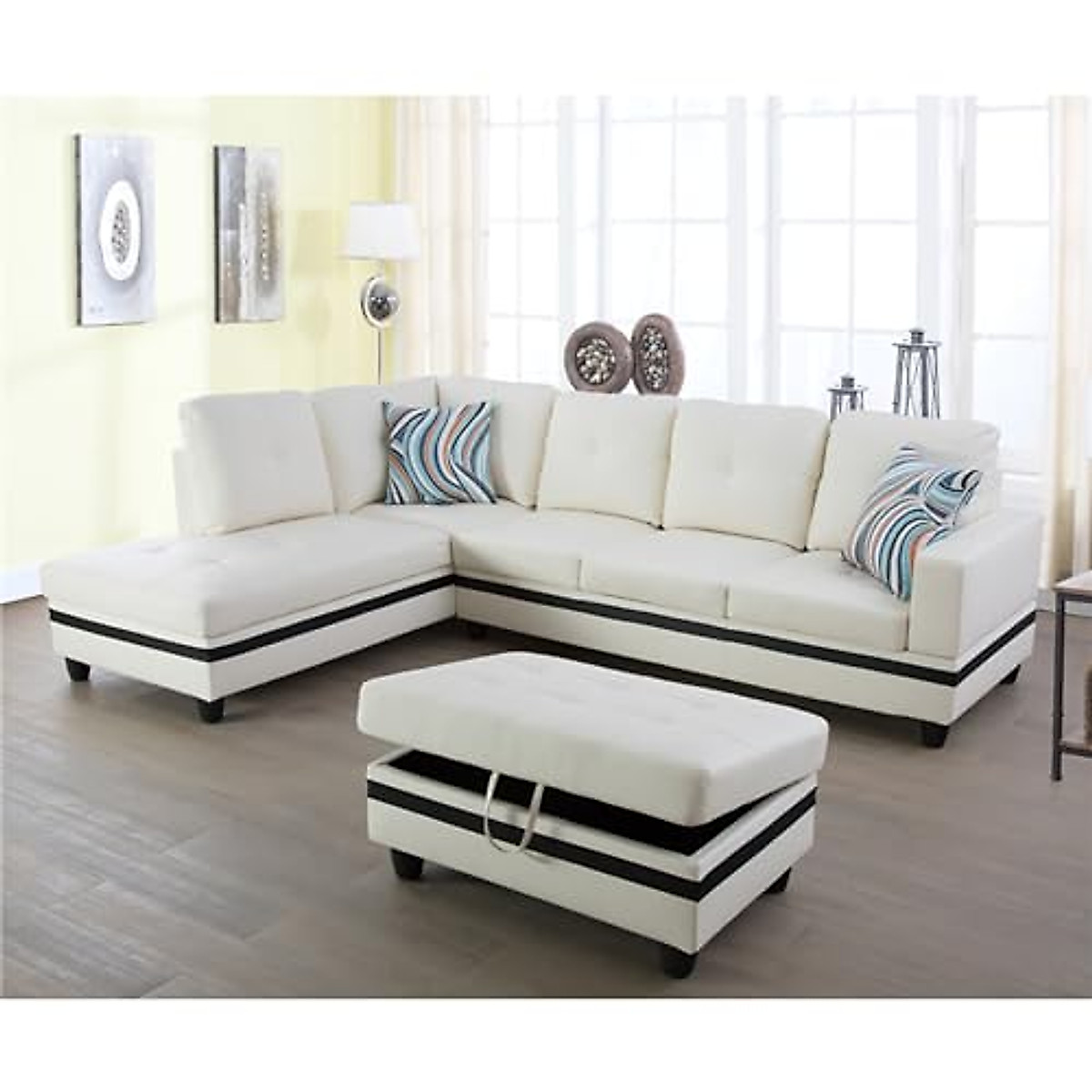 NOTOP 3-Piece Faux Leather L-Shaped Sectional Sofas, Button Tufted Upholstered Couch Set with Left Chaise Longue and Storage Ottoman, for Living Room, Home, Office, White Black