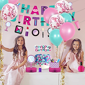 Sumind Spa Theme Party Supplies for Girls Makeup Party Decorations Includes 3 Happy Birthday Banner 1Cake Topper Pick and 20 Latex Balloons 4 Honeycomb Centerpieces for Spa Make up Theme Party Decor