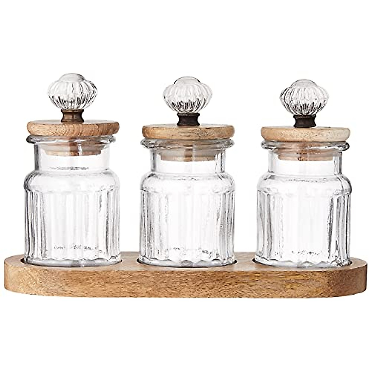 Mud Pie Knob Glass Condiment Set, canister 3 3/4" x 2 3/4" dia | caddy 3 3/4" x 10 1/4", Brown