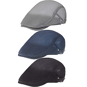 3 Pieces Newsboy Cap Mesh Breathable Summer Adjustable Cabbie Flat Beret (Light Gray, Navy Blue, Black)