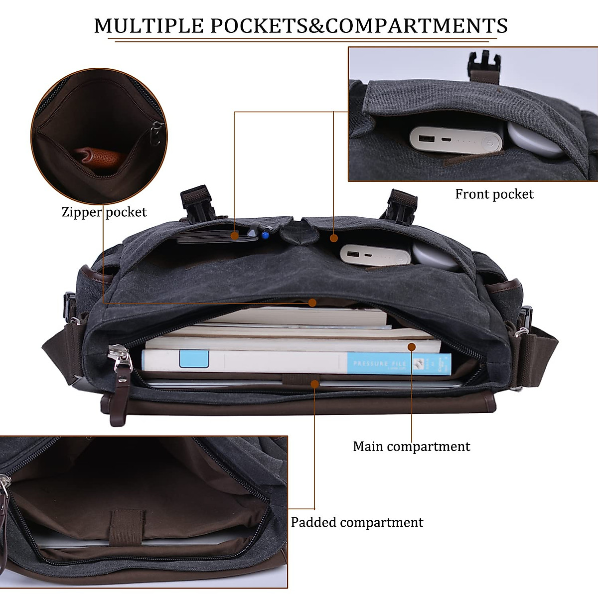 Vintage Canvas 15.6 inch Laptop Messenger Bag for Men Women, College Computer Satchel Shoulder Bag Travel Work Office Briefcases (Black)