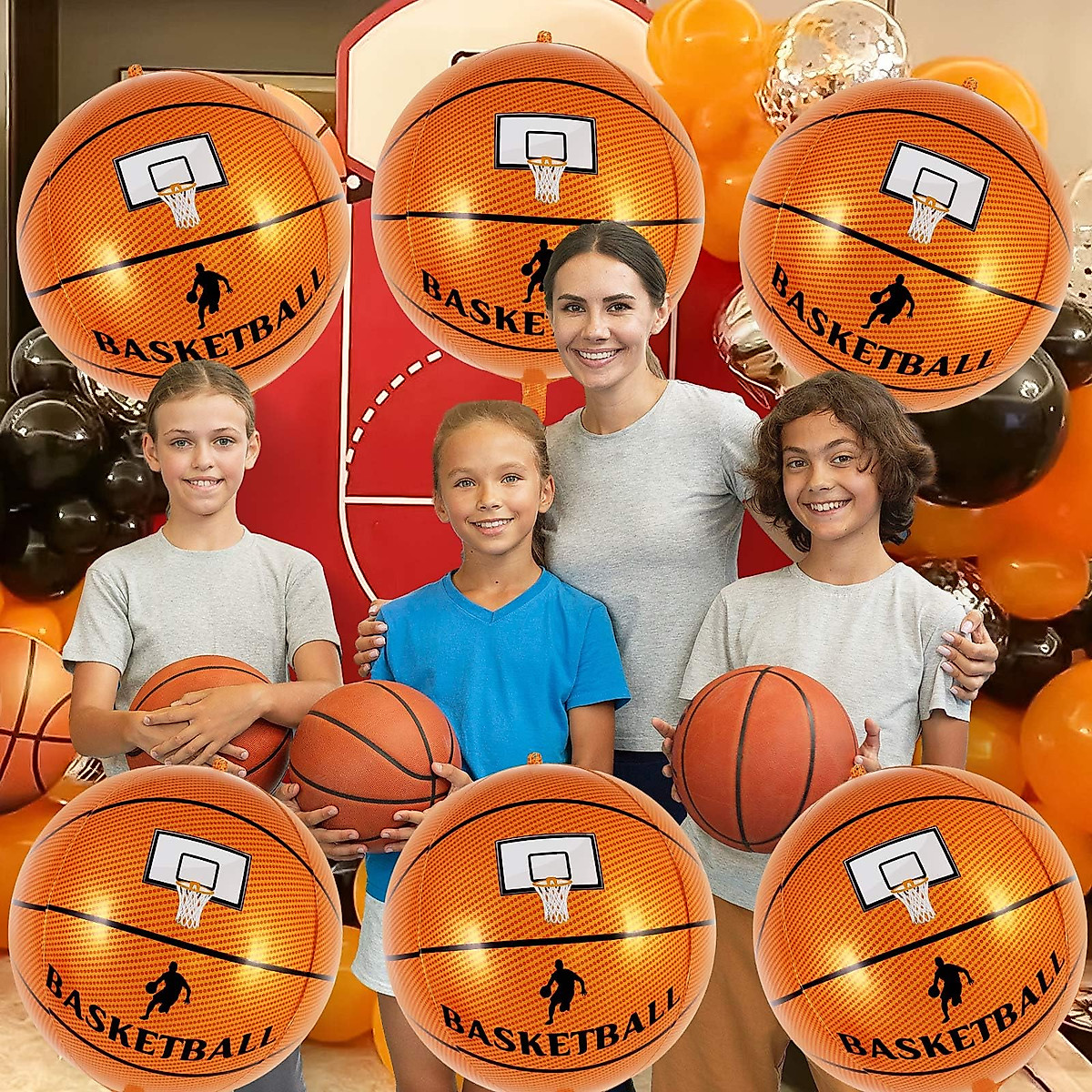 Basketball Balloons, 6 Pcs Metallic Foil Round Balloons, 22 Inch Large Mylar Basketball Balloons for Birthday Basketball Sports Themed Party