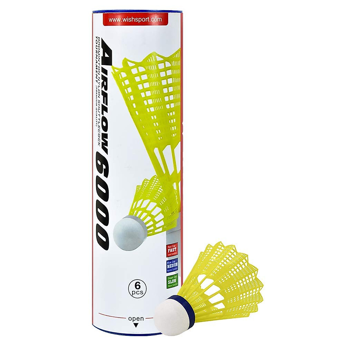 Wish Airflow 6000 Badminton Tournament Shuttlecocks – 6 Pack Tube of Durable Nylon Shuttlecocks with Cork Tips – Badminton Birdies for Indoor and Outdoor Play, Yellow