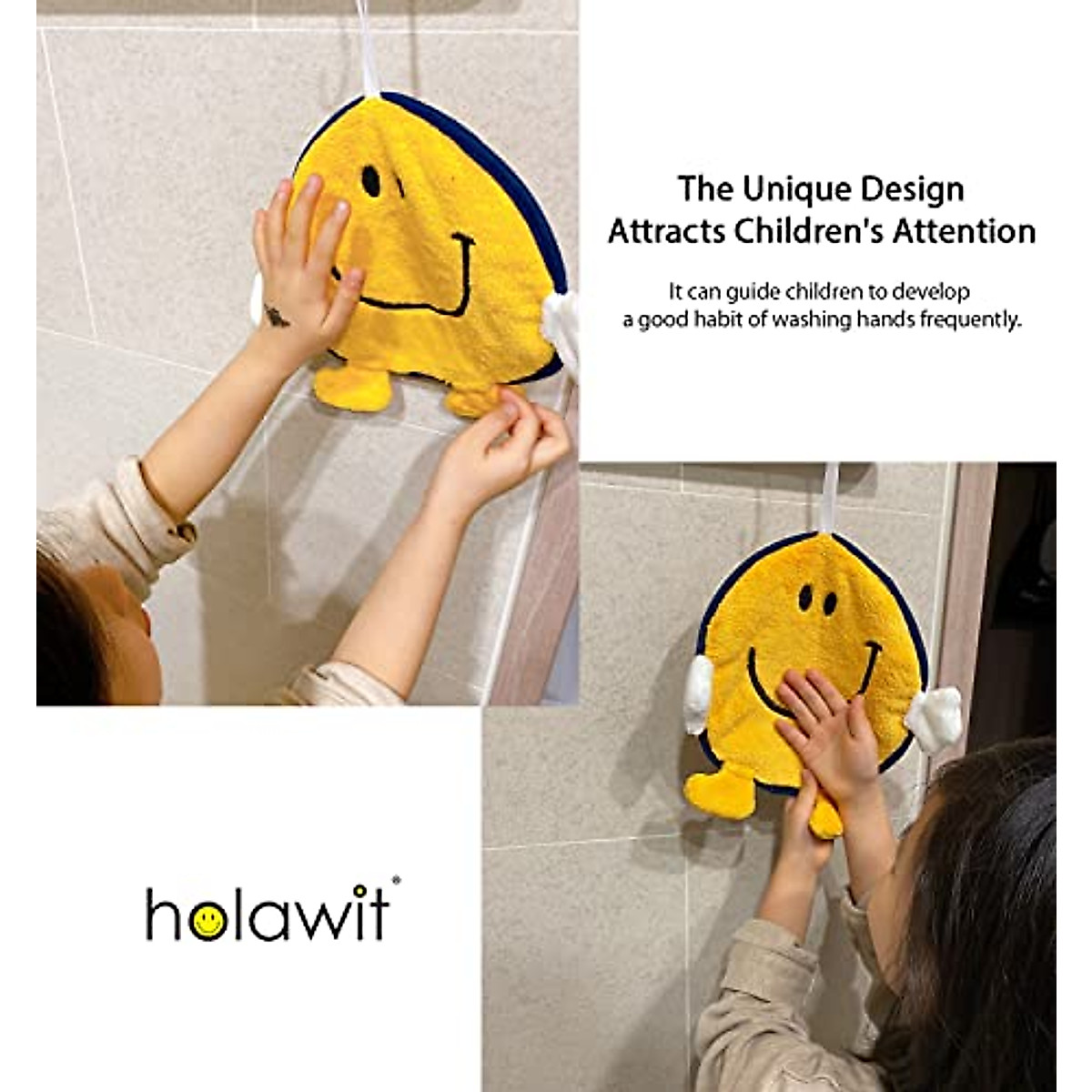 holawit Cute Happy Face Positive Smile Character Microfiber Coral Velvet Ultra Soft Super Absorbent Hand Towel with Hanging Loop