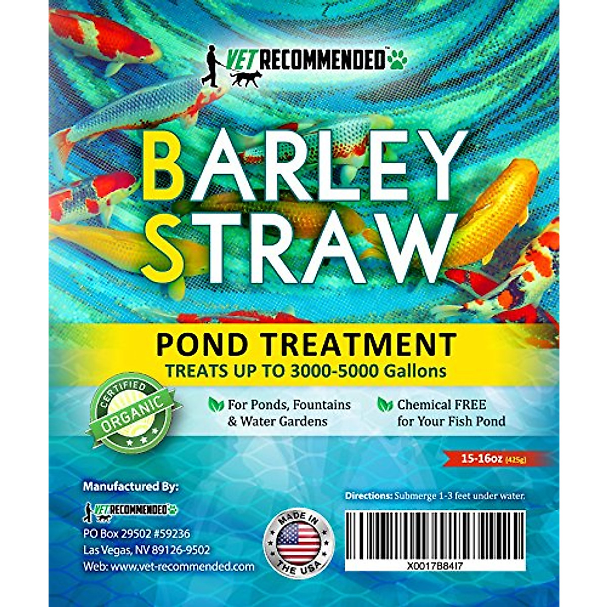 Vet Recommended Barley Straw for Fish Ponds and Fountain (16 Oz). Treats up to 3000 to 5000 Gallons, 100% Safe & Natural Pond Cleaner. Keeps Your Water Garden Clean & Fresh. Made in USA