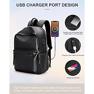 Laptop Backpack Women, Faux Leather Work Travel Backpack for Men with USB Port, Waterproof Fashion Casual Daypack for Business University, Large Capacity Carry On Backpack for Airplanes, Black