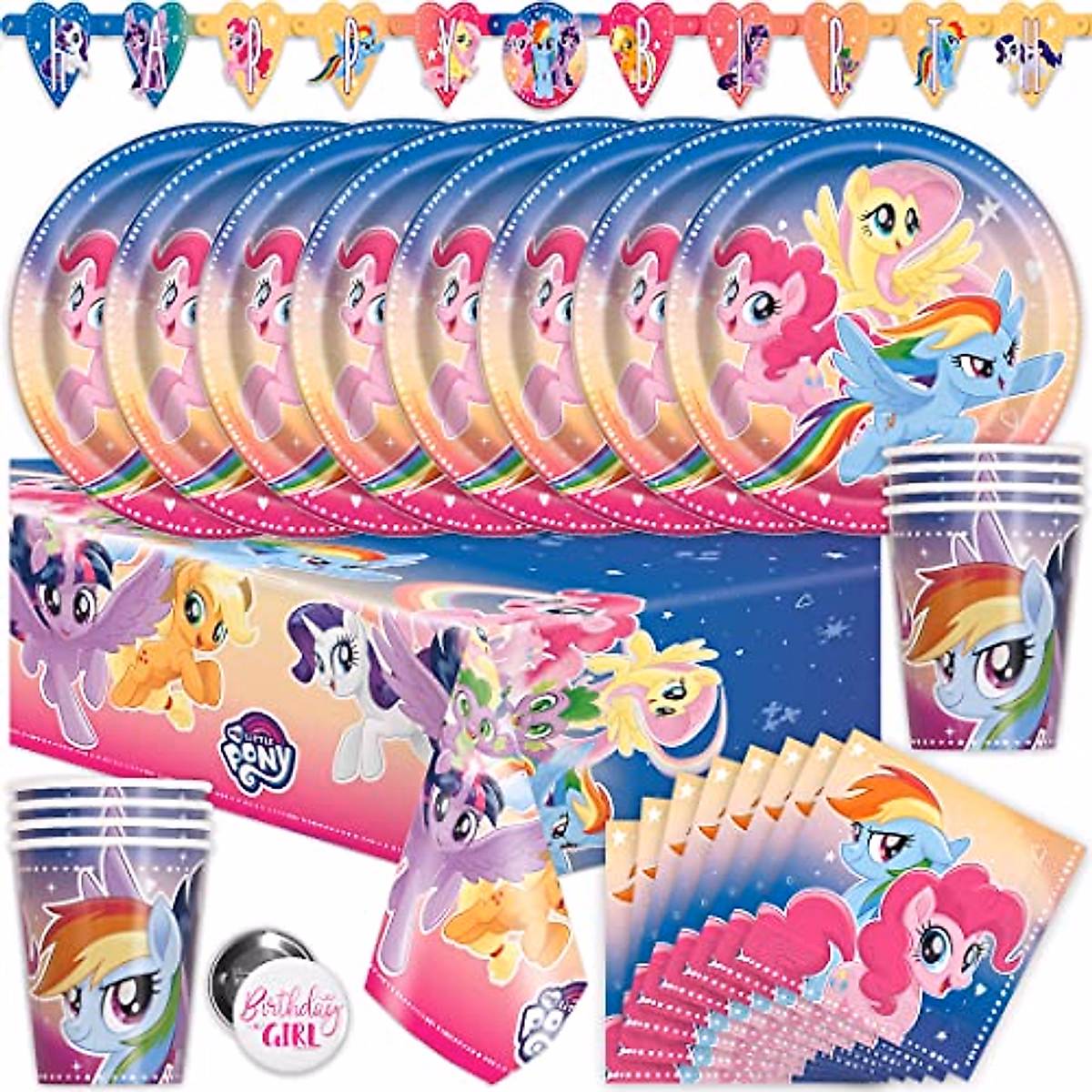 My Little Pony Party Supplies, My Little Pony Birthday Party Supplies and Decorations for 16 Guests with Banner, Tablecover, Plates, Cups, Napkins and Button
