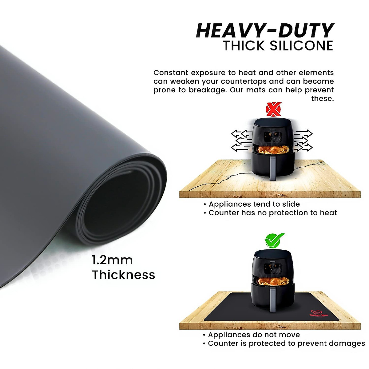 Large Black Heat Resistant Mat For Countertop, 23”x15”, Air Fryer Mat Counter Protector For Kitchen, Non Slip Silicone Kitchen Mat, Microwave Mat