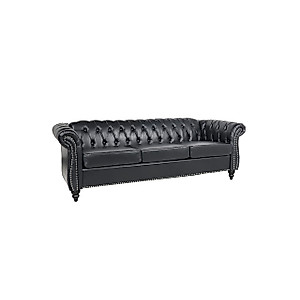 MIYZEAL Chesterfield Sofa, Tufted Leather Couch Upholstered Sofa with Low Back, Roll Arm Classic 3 Seater PU Leather Couch for Living Room Bedroom Office (Black)