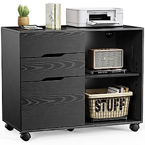 NEWBULIG 3-Drawer Mobile Cabinet Wood Lateral Filing, Printer Stand with Open Adjustable Storage Shelves and Wheels for Home Office, Black