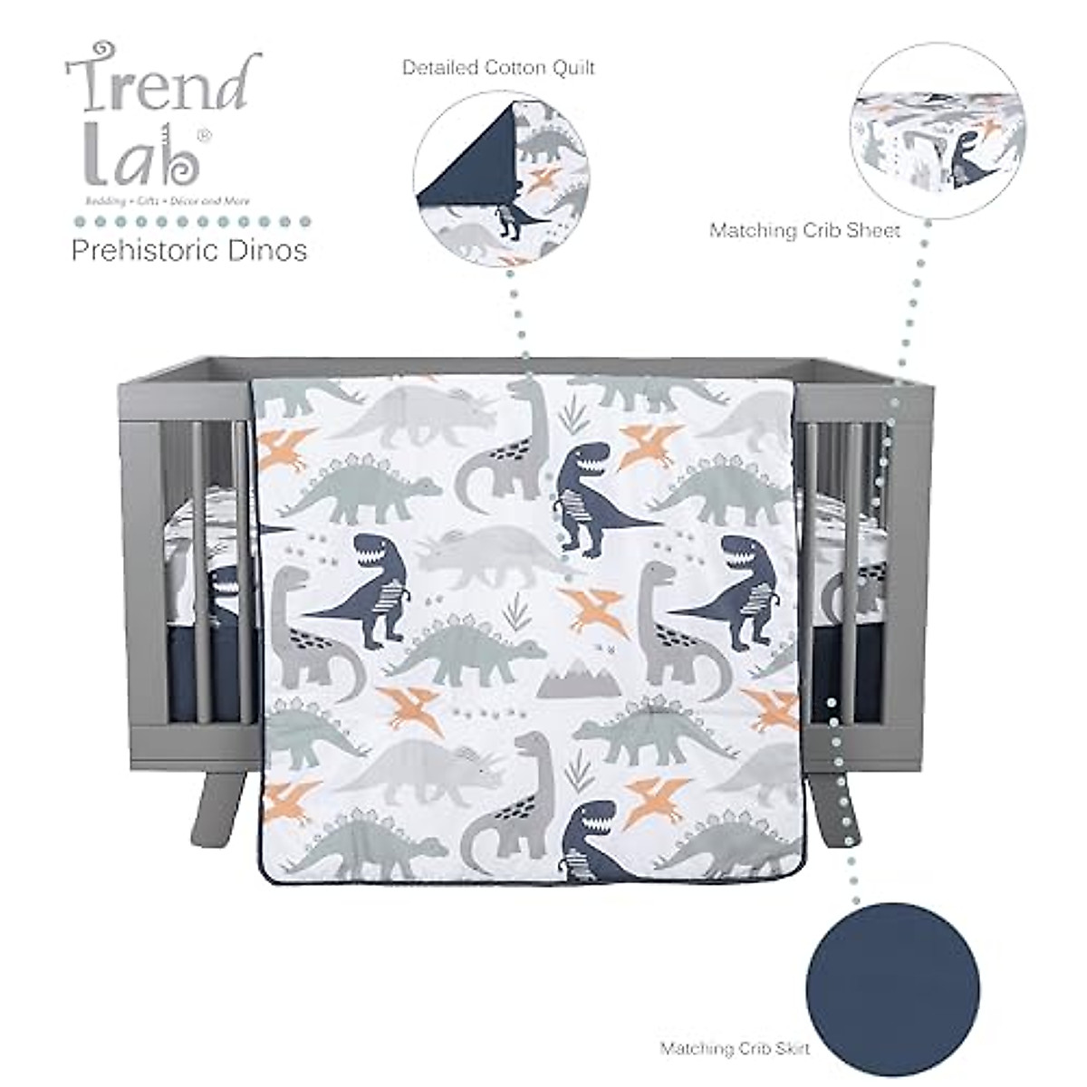 Trend Lab Prehistoric Dinos 3 Piece Crib Bedding Set, Can Be Used As A Blanket Or A Playmat for Tummy Time, Includes Quilt, Fitted Crib Sheet and Skirt
