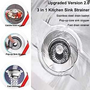 Kitchen Sink Drain Strainer and Sink Stopper(3 in 1), Upgraded Stainless Steel Drain Basket/Brass Pop-Up Bounce Core/Double Seal Sink Drain Stopper, Replacement for Standard 3-1/2 inch Drain